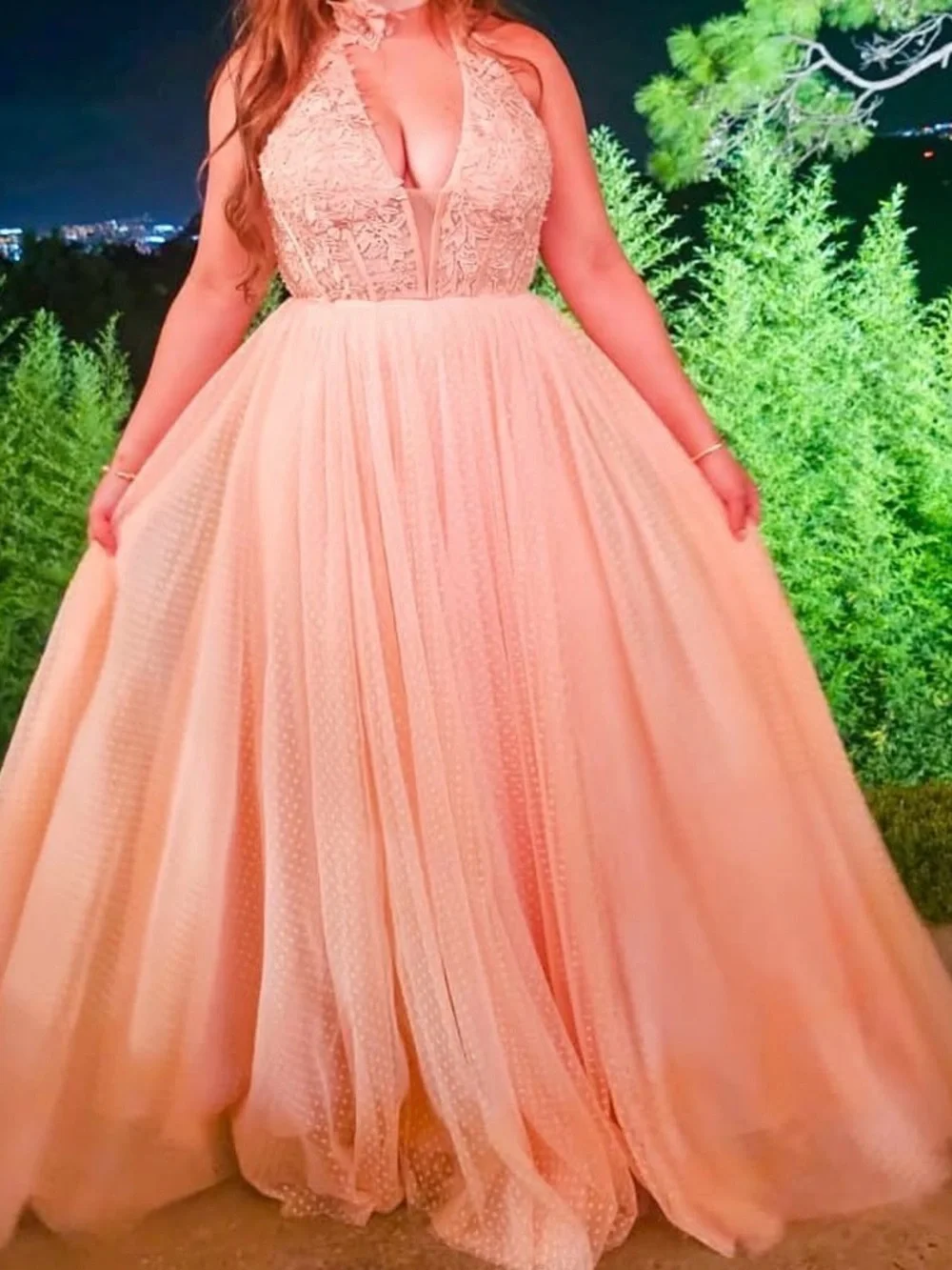 Sherri Hill | Dresses | Sherri Hill Peach Lace Halter Tulle Maxi Gown ...